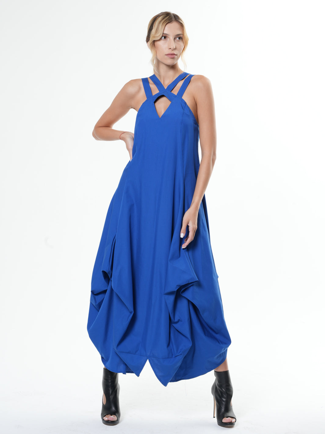 Asymmetric Long Cotton Dress In Royal Blue – Metamorphoza